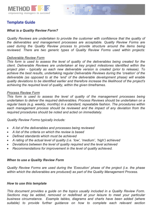 Quality Review Form Template for Project Managers