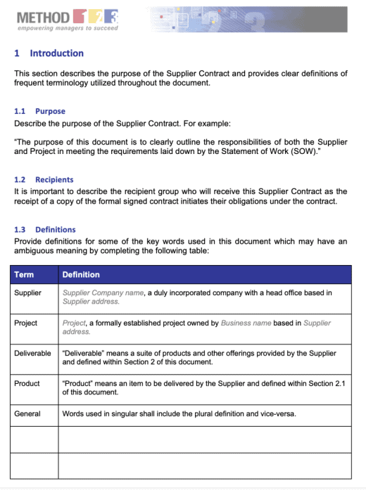 Supplier Contract Template for Project Managers