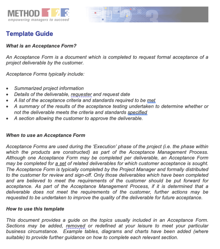 Acceptance Form Template for Project Managers