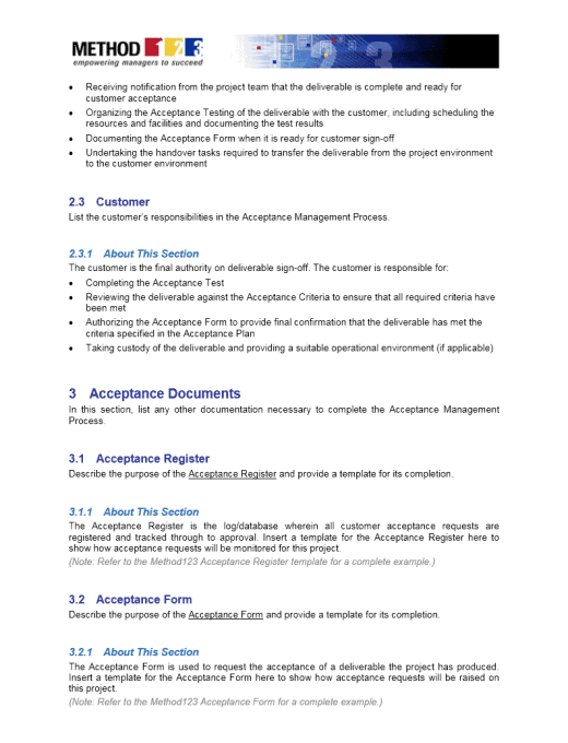 Acceptance Management Process Template for Project Managers
