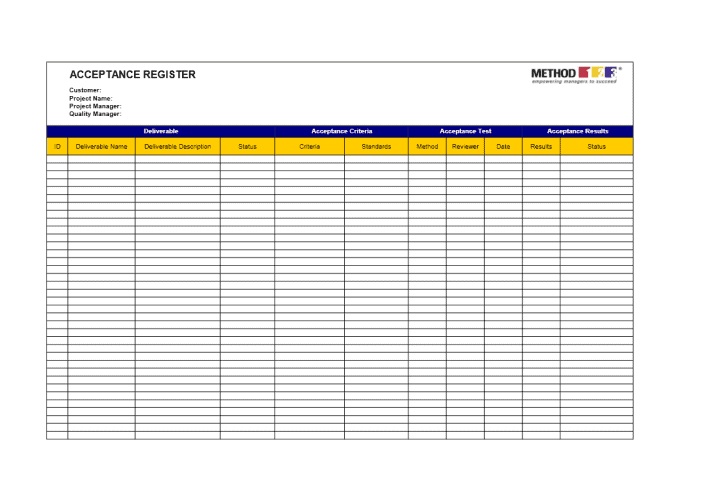 Acceptance Register Template for Project Managers
