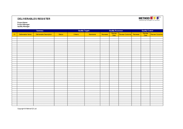 Deliverables Register Template for Project Managers
