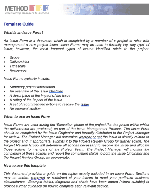 Issue Form Template for Project Managers