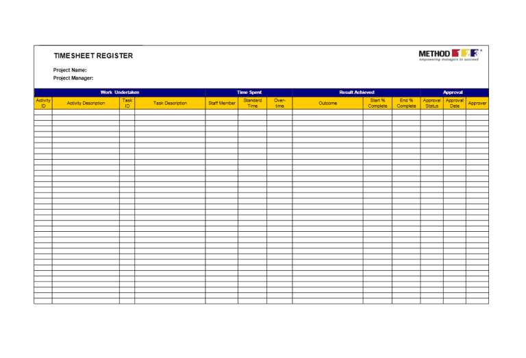 Timesheet Register Template for Project Managers