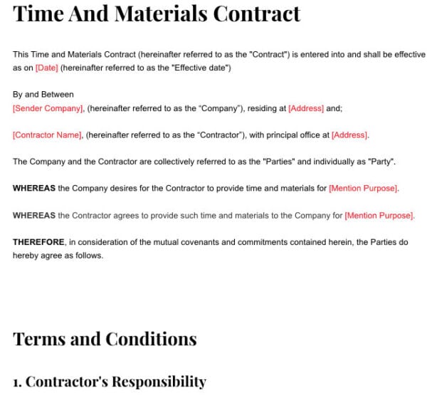 4 Free Time and Materials Contract Templates